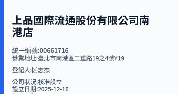 上品國際流通股份有限公司南港店的照片-統編 00661716(臺北市) 公司登記資料與營業項目詳細圖表