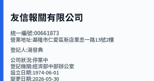 友信報關有限公司的照片-統編 00661873(基隆市) 公司登記資料與營業項目詳細圖表