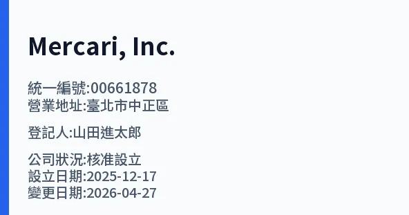 Mercari, Inc.的照片-統編 00661878(臺北市) 公司登記資料與營業項目詳細圖表