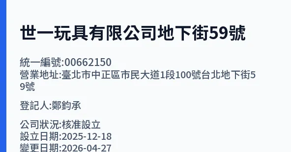 世一玩具有限公司地下街59號的照片-統編 00662150(臺北市) 公司登記資料與營業項目詳細圖表