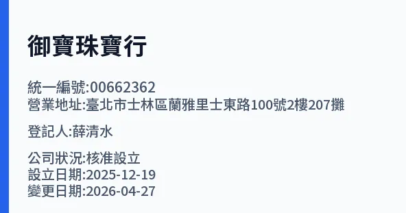 御寶珠寶行的照片-統編 00662362(臺北市) 公司登記資料與營業項目詳細圖表