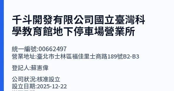 千斗開發有限公司國立臺灣科學教育館地下停車場營業所的照片-統編 00662497(臺北市) 公司登記資料與營業項目詳細圖表