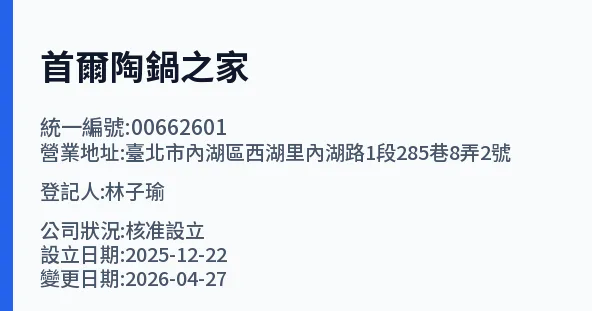 首爾陶鍋之家的照片-統編 00662601(臺北市) 公司登記資料與營業項目詳細圖表
