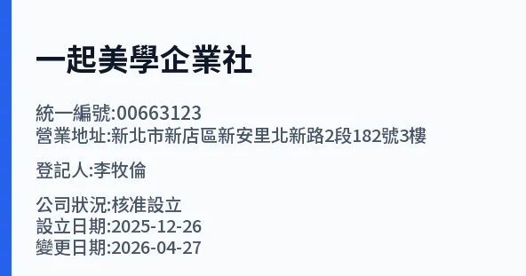 一起美學企業社的照片-統編 00663123(新北市) 公司登記資料與營業項目詳細圖表