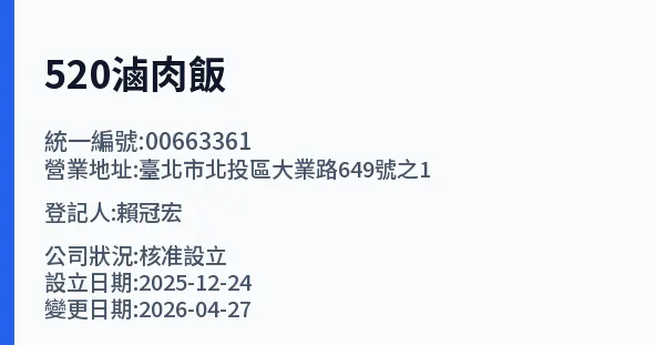520滷肉飯的照片-統編 00663361(臺北市) 公司登記資料與營業項目詳細圖表