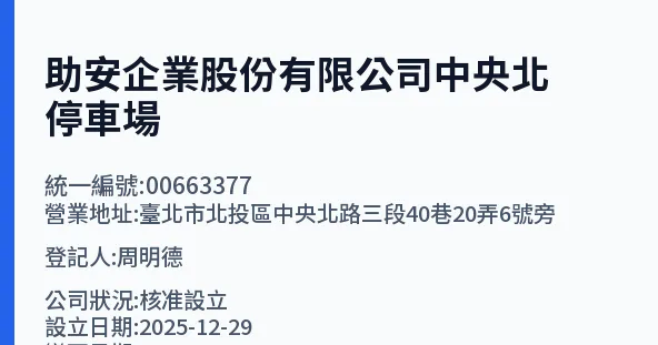 助安企業股份有限公司中央北停車場的照片-統編 00663377(臺北市) 公司登記資料與營業項目詳細圖表