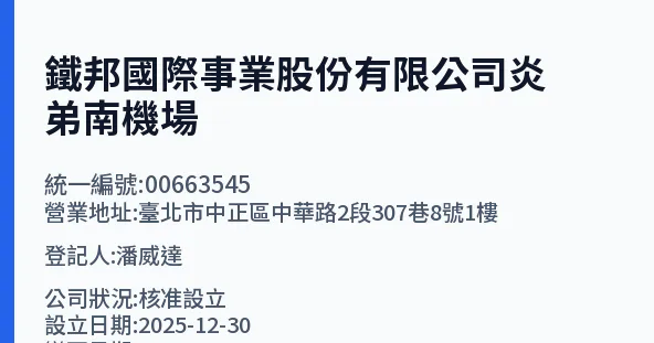 鐵邦國際事業股份有限公司炎弟南機場的照片-統編 00663545(臺北市) 公司登記資料與營業項目詳細圖表