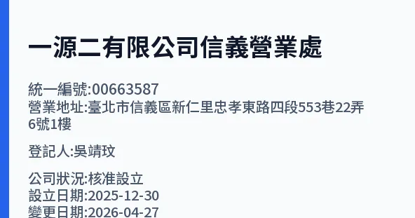 一源二有限公司信義營業處的照片-統編 00663587(臺北市) 公司登記資料與營業項目詳細圖表