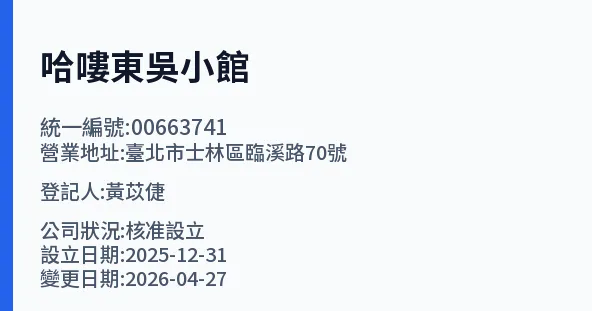 哈嘍東吳小館的照片-統編 00663741(臺北市) 公司登記資料與營業項目詳細圖表