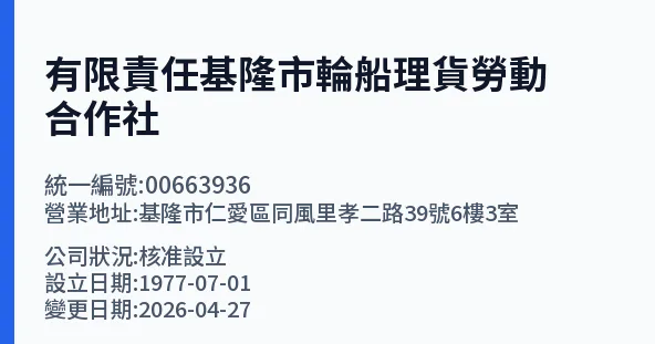 有限責任基隆市輪船理貨勞動合作社的照片-統編 00663936(基隆市) 公司登記資料與營業項目詳細圖表