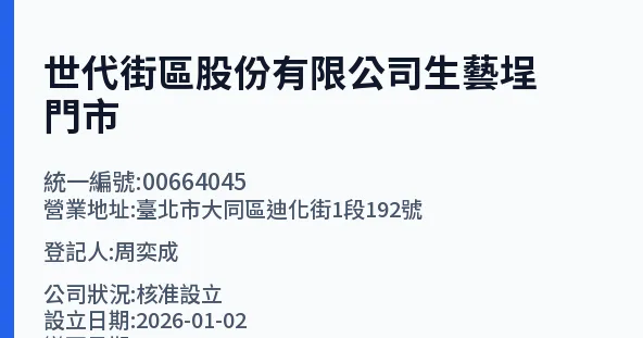 世代街區股份有限公司生藝埕門市的照片-統編 00664045(臺北市) 公司登記資料與營業項目詳細圖表