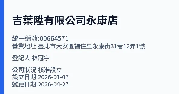吉葉陞有限公司永康店的照片-統編 00664571(臺北市) 公司登記資料與營業項目詳細圖表