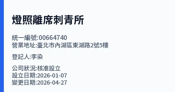 燈照離席刺青所的照片-統編 00664740(臺北市) 公司登記資料與營業項目詳細圖表