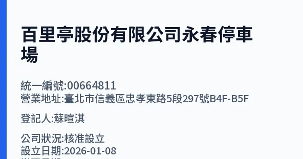 百里亭股份有限公司永春停車場的照片-統編 00664811(臺北市) 公司登記資料與營業項目詳細圖表