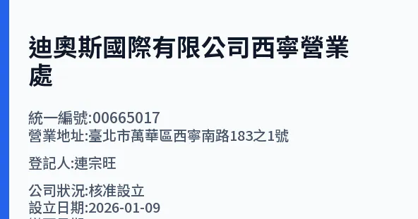 迪奧斯國際有限公司西寧營業處的照片-統編 00665017(臺北市) 公司登記資料與營業項目詳細圖表