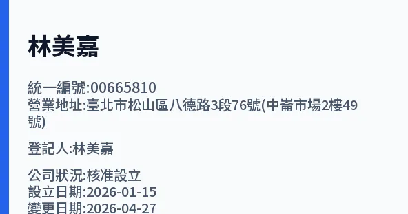 林美嘉的照片-統編 00665810(臺北市) 公司登記資料與營業項目詳細圖表