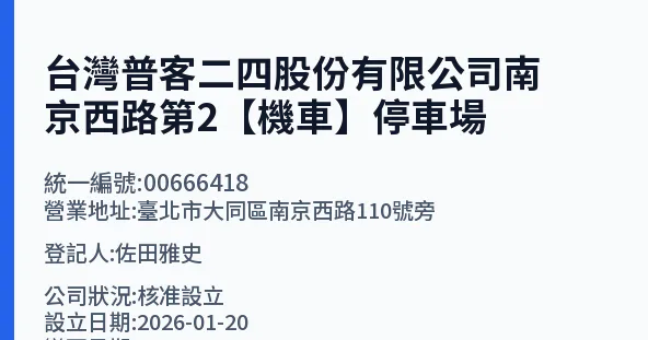 台灣普客二四股份有限公司南京西路第2【機車】停車場的照片-統編 00666418(臺北市) 公司登記資料與營業項目詳細圖表