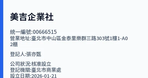 美吉企業社的照片-統編 00666515(臺北市) 公司登記資料與營業項目詳細圖表