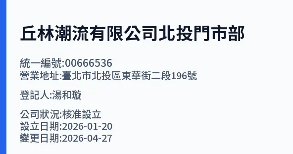 丘林潮流有限公司北投門市部的照片-統編 00666536(臺北市) 公司登記資料與營業項目詳細圖表