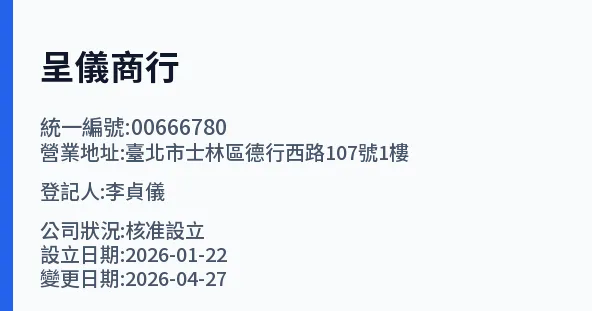 呈儀商行的照片-統編 00666780(臺北市) 公司登記資料與營業項目詳細圖表