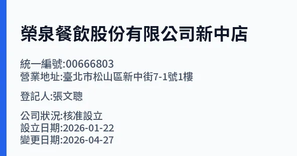 榮泉餐飲股份有限公司新中店的照片-統編 00666803(臺北市) 公司登記資料與營業項目詳細圖表