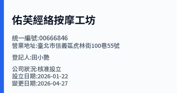 佑芙經絡按摩工坊的照片-統編 00666846(臺北市) 公司登記資料與營業項目詳細圖表