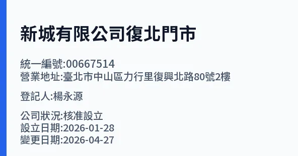 新城有限公司復北門市的照片-統編 00667514(臺北市) 公司登記資料與營業項目詳細圖表