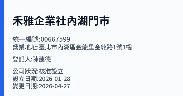 禾雅企業社內湖門市的照片-統編 00667599(臺北市) 公司登記資料與營業項目詳細圖表
