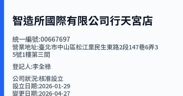 智造所國際有限公司行天宮店的照片-統編 00667697(臺北市) 公司登記資料與營業項目詳細圖表