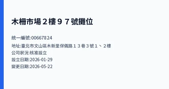 木柵市場2樓97號攤位的照片-統編 00667824(臺北市) 公司登記資料與營業項目詳細圖表