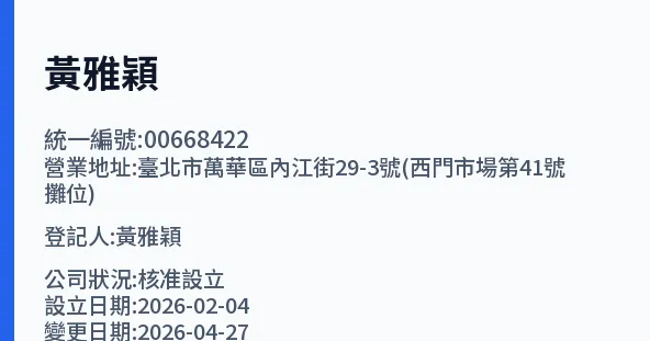 黃雅穎的照片-統編 00668422(臺北市) 公司登記資料與營業項目詳細圖表