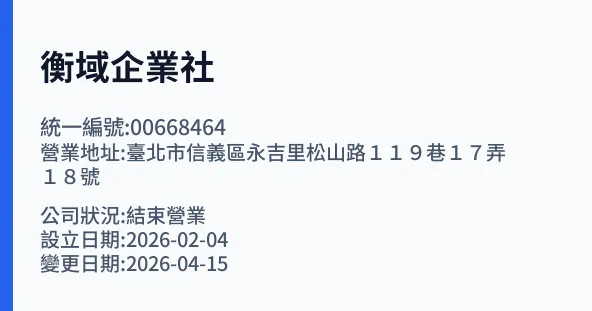 衡域企業社的照片-統編 00668464(臺北市) 公司登記資料與營業項目詳細圖表