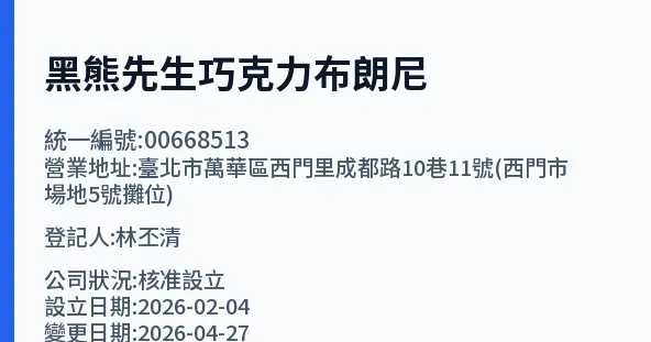 黑熊先生巧克力布朗尼的照片-統編 00668513(臺北市) 公司登記資料與營業項目詳細圖表
