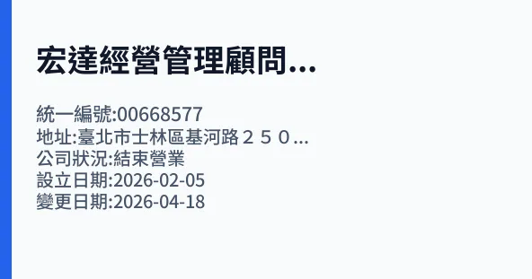 宏達經營管理顧問有限公司基河停車場的照片-統編 00668577(臺北市) 公司登記資料與營業項目詳細圖表