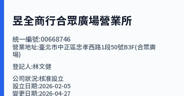 昱全商行合眾廣場營業所的照片-統編 00668746(臺北市) 公司登記資料與營業項目詳細圖表