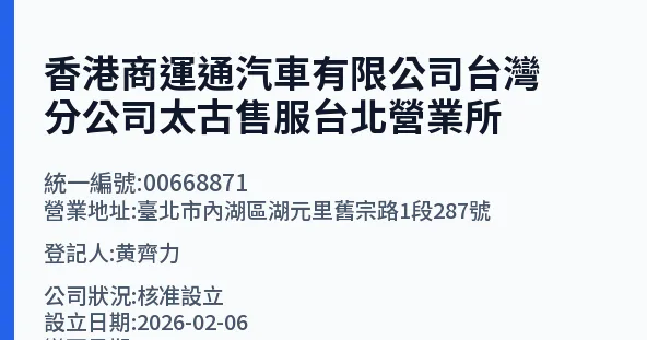 香港商運通汽車有限公司台灣分公司太古售服台北營業所的照片-統編 00668871(臺北市) 公司登記資料與營業項目詳細圖表