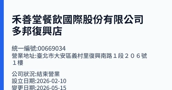 禾善堂餐飲國際股份有限公司多邦復興店的照片-統編 00669034(臺北市) 公司登記資料與營業項目詳細圖表