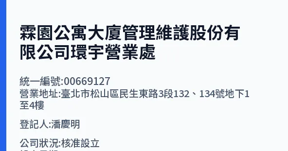 霖園公寓大廈管理維護股份有限公司環宇營業處的照片-統編 00669127(臺北市) 公司登記資料與營業項目詳細圖表