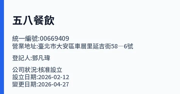 五八餐飲的照片-統編 00669409(臺北市) 公司登記資料與營業項目詳細圖表