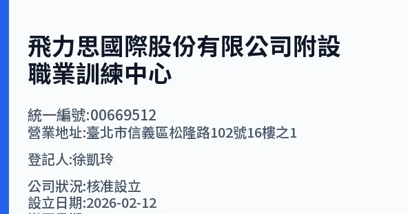 飛力思國際股份有限公司附設職業訓練中心的照片-統編 00669512(臺北市) 公司登記資料與營業項目詳細圖表