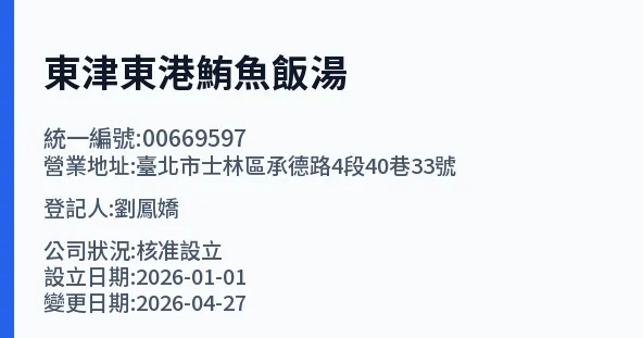 東津東港鮪魚飯湯的照片-統編 00669597(臺北市) 公司登記資料與營業項目詳細圖表