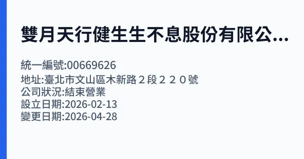 雙月天行健生生不息股份有限公司文山營業所的照片-統編 00669626(臺北市) 公司登記資料與營業項目詳細圖表