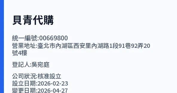 貝青代購的照片-統編 00669800(臺北市) 公司登記資料與營業項目詳細圖表