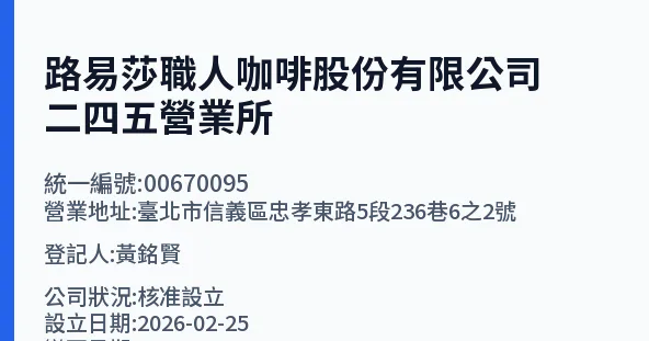 路易莎職人咖啡股份有限公司二四五營業所的照片-統編 00670095(臺北市) 公司登記資料與營業項目詳細圖表