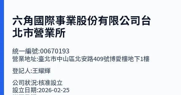 六角國際事業股份有限公司台北市營業所的照片-統編 00670193(臺北市) 公司登記資料與營業項目詳細圖表