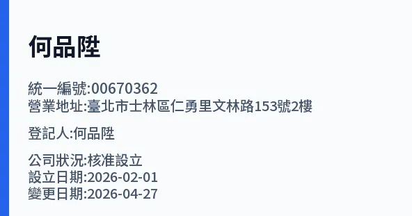 何品陞的照片-統編 00670362(臺北市) 公司登記資料與營業項目詳細圖表