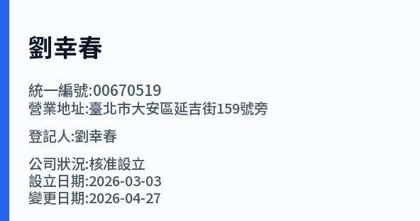 劉幸春的照片-統編 00670519(臺北市) 公司登記資料與營業項目詳細圖表