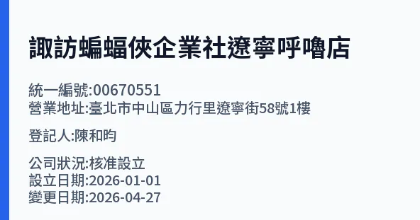 諏訪蝙蝠俠企業社遼寧呼嚕店的照片-統編 00670551(臺北市) 公司登記資料與營業項目詳細圖表