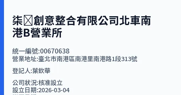 柒贰創意整合有限公司北車南港B營業所的照片-統編 00670638(臺北市) 公司登記資料與營業項目詳細圖表