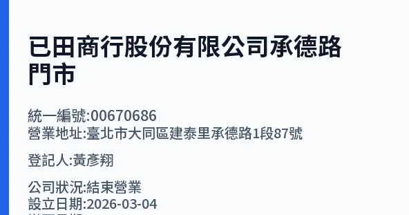 已田商行股份有限公司承德路門市的照片-統編 00670686(臺北市) 公司登記資料與營業項目詳細圖表